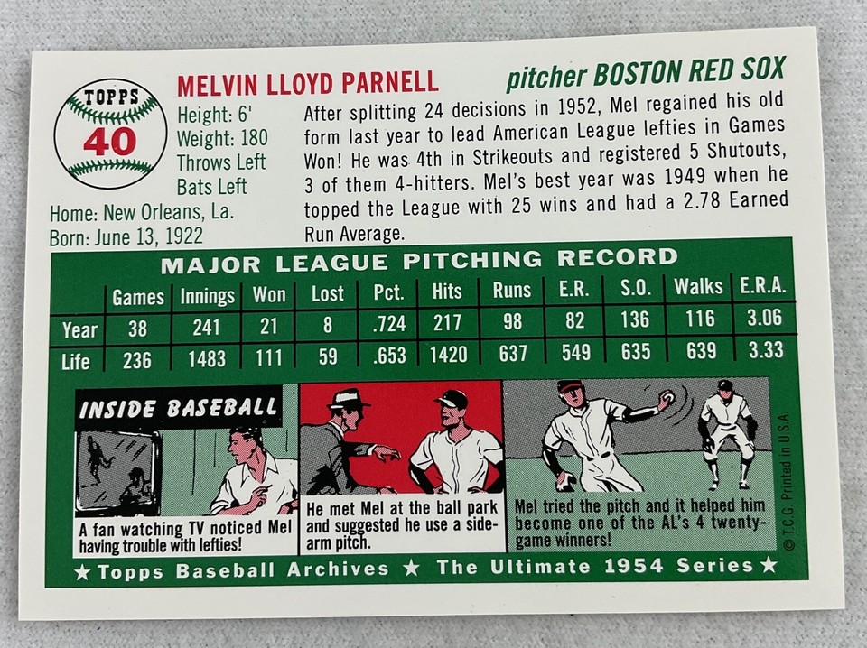 1991 Topps Archives REPRINT Baseball Card #040-1954 Mel Parnell, Boston ...