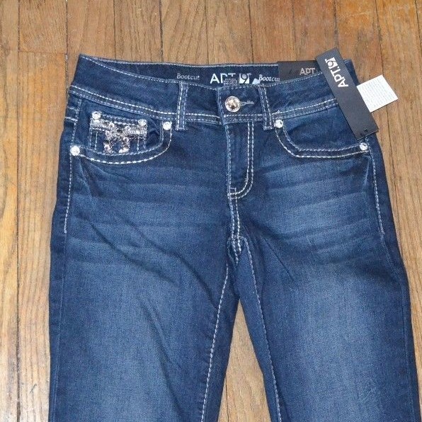 Apt 9 Jean Bootcut Mid Rise Straight Hip Thigh Heavily Embellished Dark ...