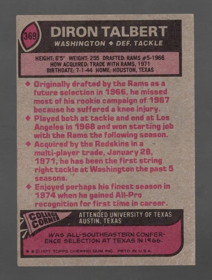 1977 Topps Diron Talbert Washington Redskins #369 Excellent | eBay