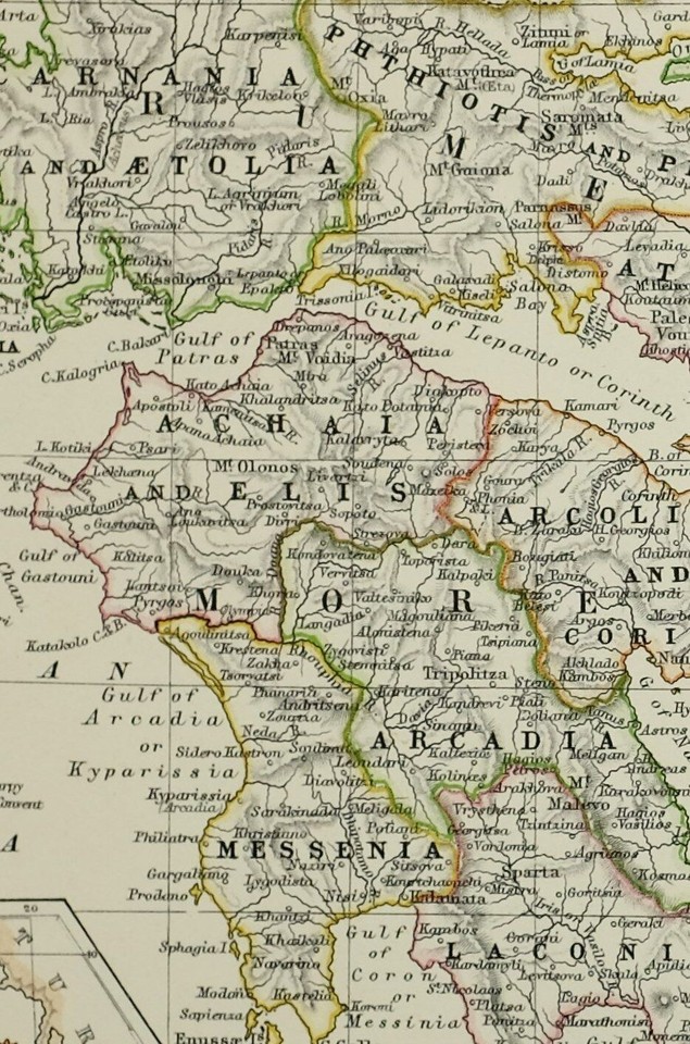 1874 ANTIQUE MAP GREECE MOREA MESSENIA LACONIA ACHAIA CYCLADES MILO ...