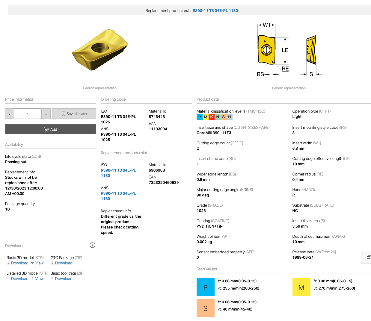 10 x Sandvik R390-11T304E-PL 1025 , Sandvik R390-11 T3 04E-PL 1025 , 1 ...