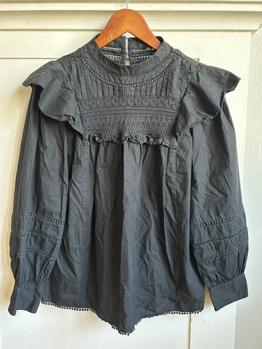 J Crew Crocheted Lace Ruffle Top AK764 Black Cottage Peasant Boho ...