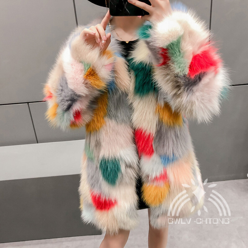 Women's Real natural multicolor Fox Fur coat Outwear ladies Fashion ...