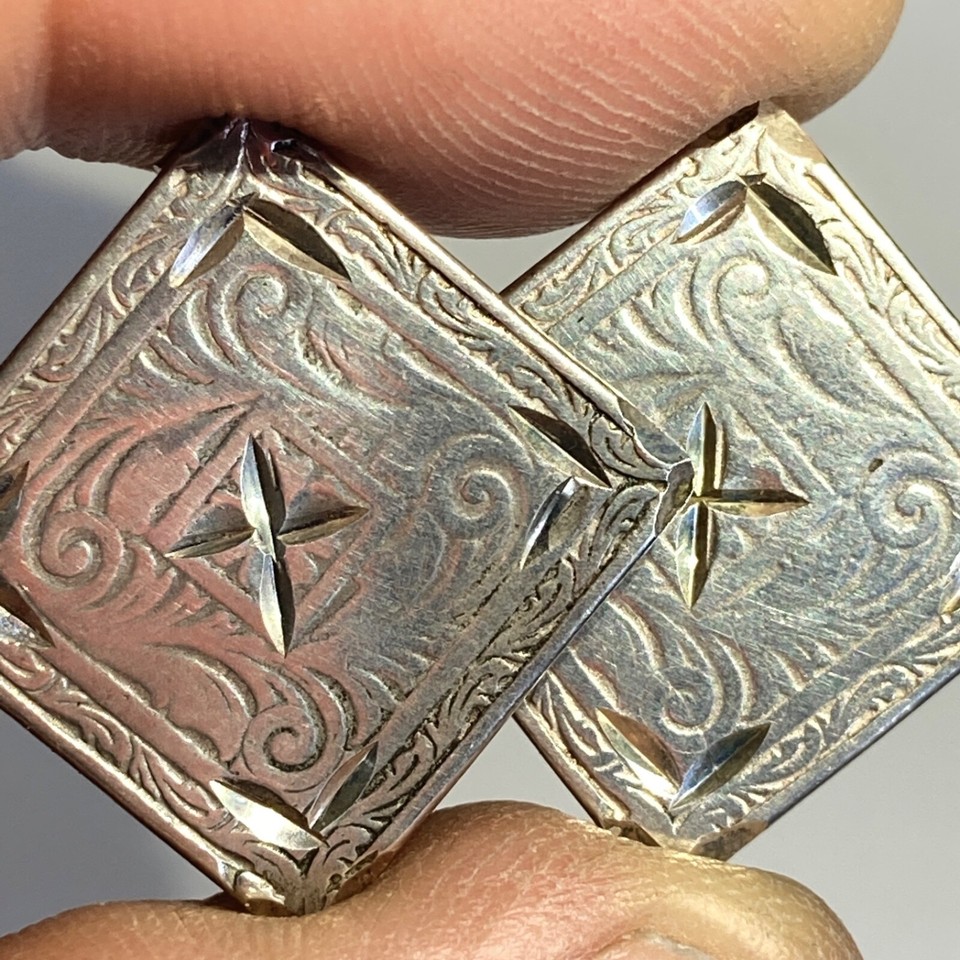 Early Engraved Bright Cut Reuse Post Earrings Antique 925 Sterling ...
