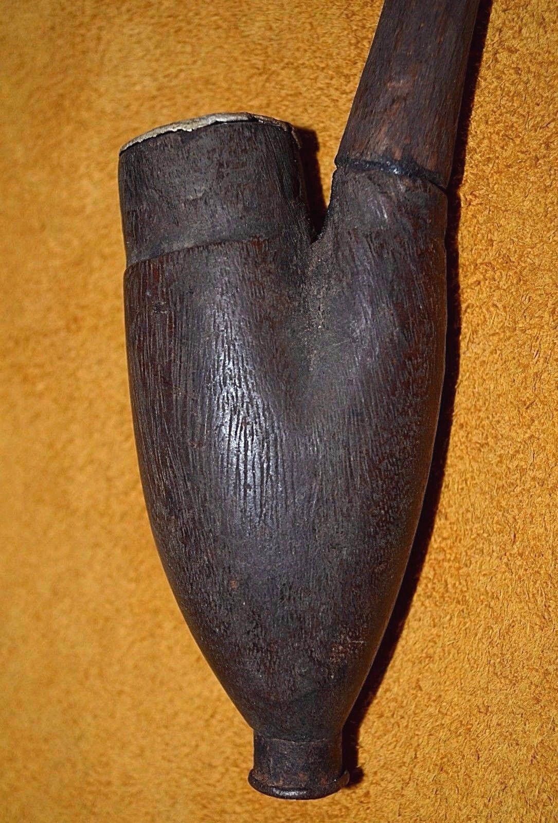 Antique African Tobacco Pipe W Aluminum Lined Wooden Bowl & Wood Stem ...