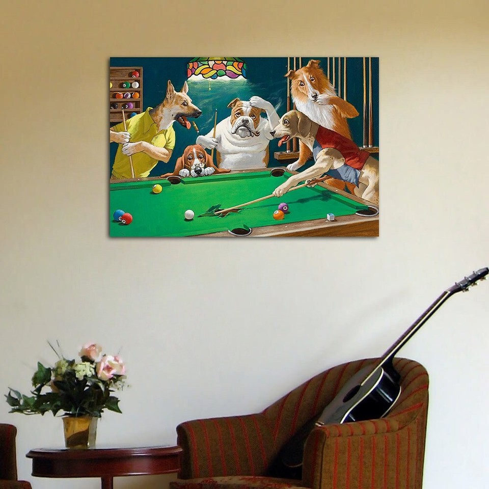 Dogs Playing Pool Billiards Painting Poster and Print Wall Art Canvas ...