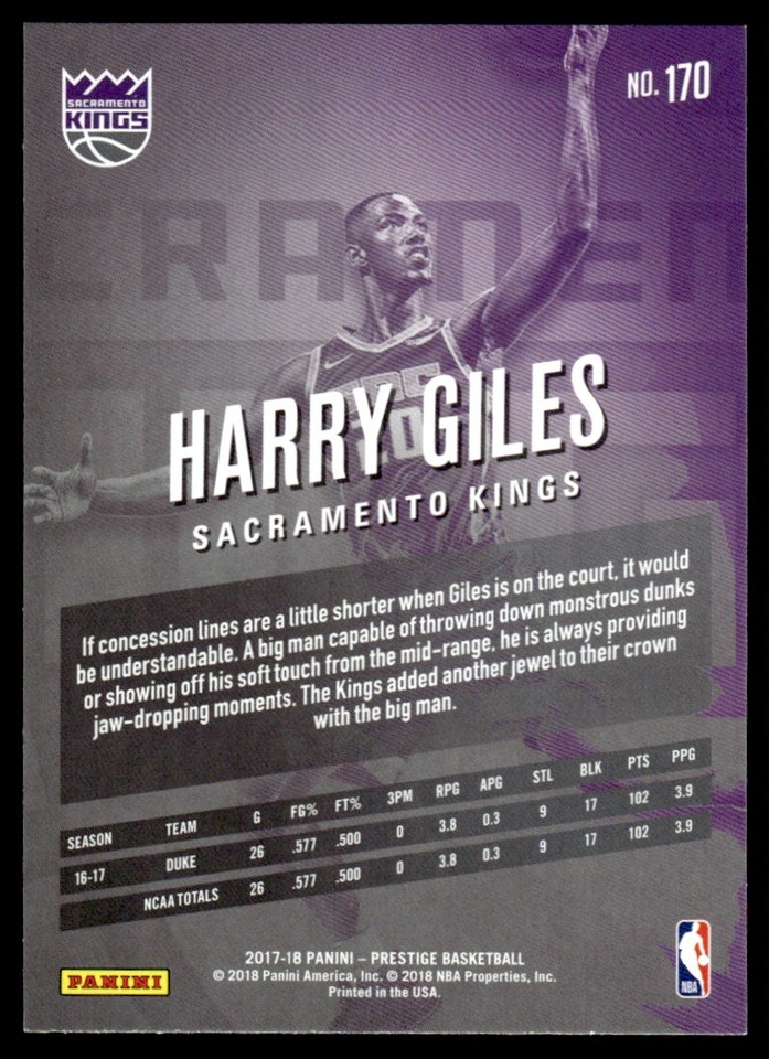 2017-18 Panini Prestige Harry Giles Rookie Sacramento Kings #170 | eBay