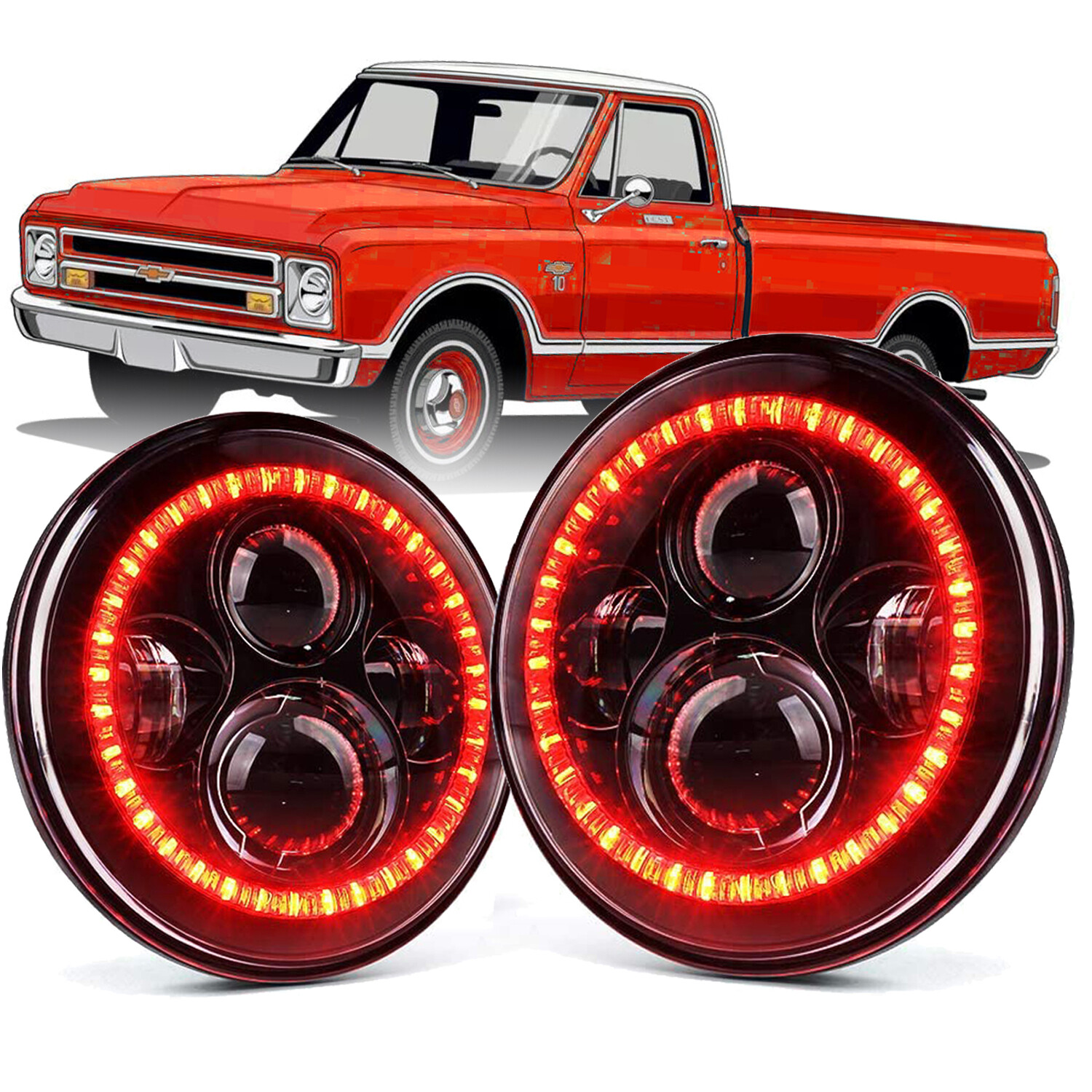 Pair 7" Red LED Headlights Hi/Lo Beam For Chevy C10 C20 Pickup LUV ...