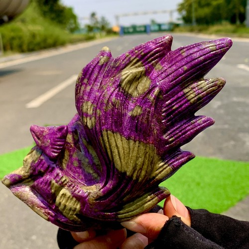 466G Natural Atlantis Stone Handcarved Nine-tailed fox Crystal Specimen ...