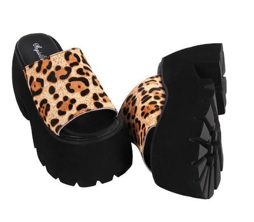 Womens Fashion Summer Peep Toe Leopard Creeper Slipper Chunky High Heel ...