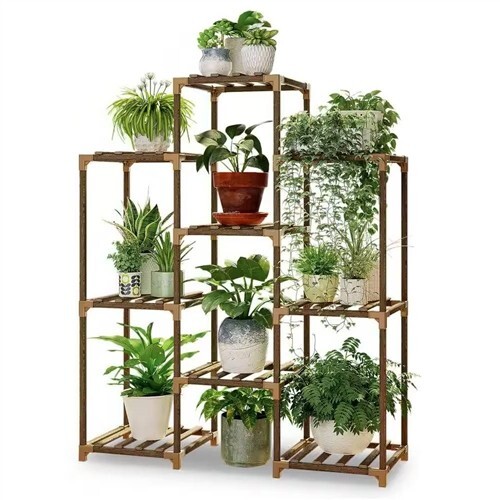 Natural Wood Bookcase Plant Stand Shelving Rack - Holds up to 9 ...