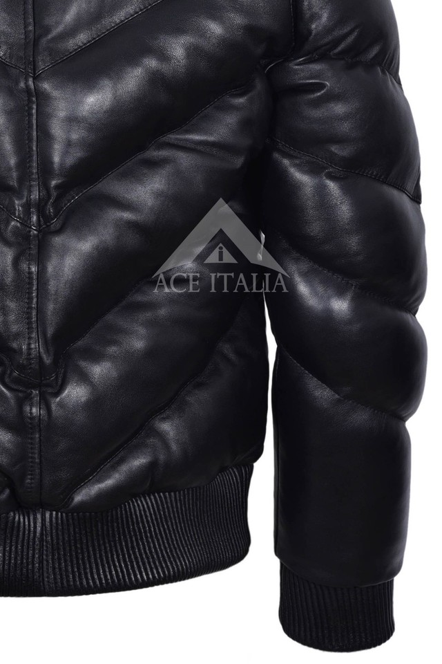 ACE Men's Puffer Black Real Leather Jacket White Sheep Fur Collar ...