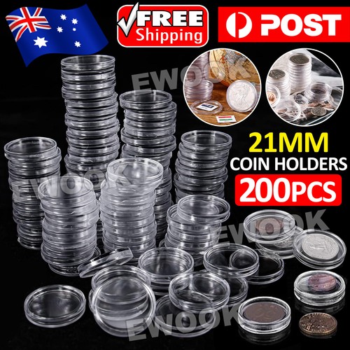 200pcs Coin Storage Box Case Capsules Holder Clear Plastic Round 21mm ...