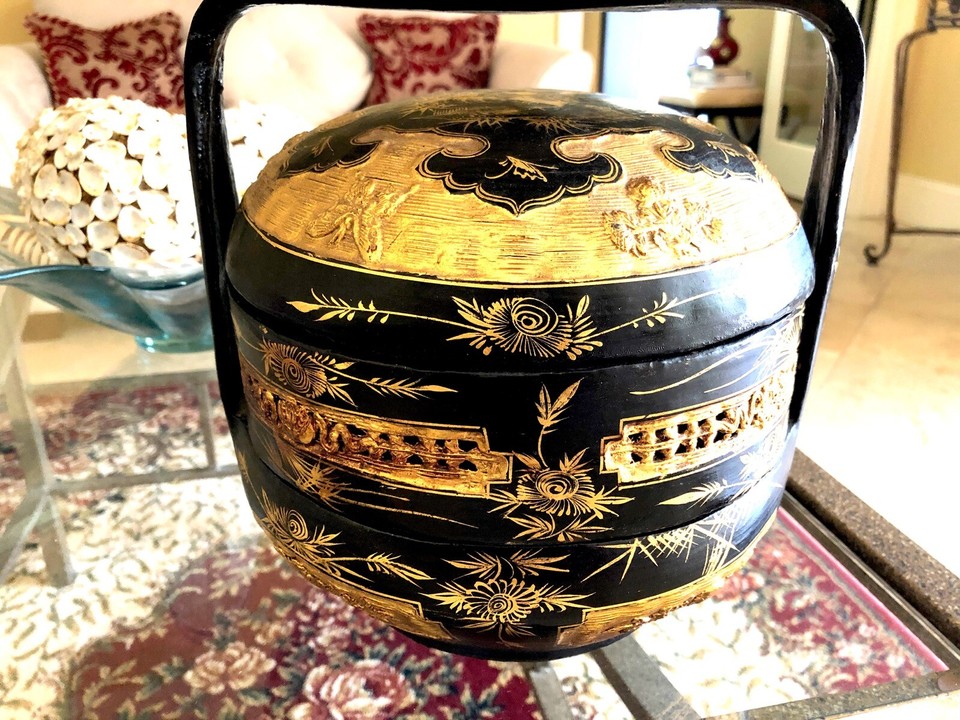 MEIJI PERIOD JAPANESE JUBAKU BAMBOO 3 TIERED BENTO BOX GOLD & BLACK ...