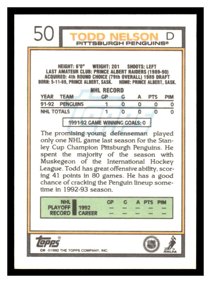 1992 Topps #50 Todd Nelson - Pittsburgh Penguins - Rookie | eBay