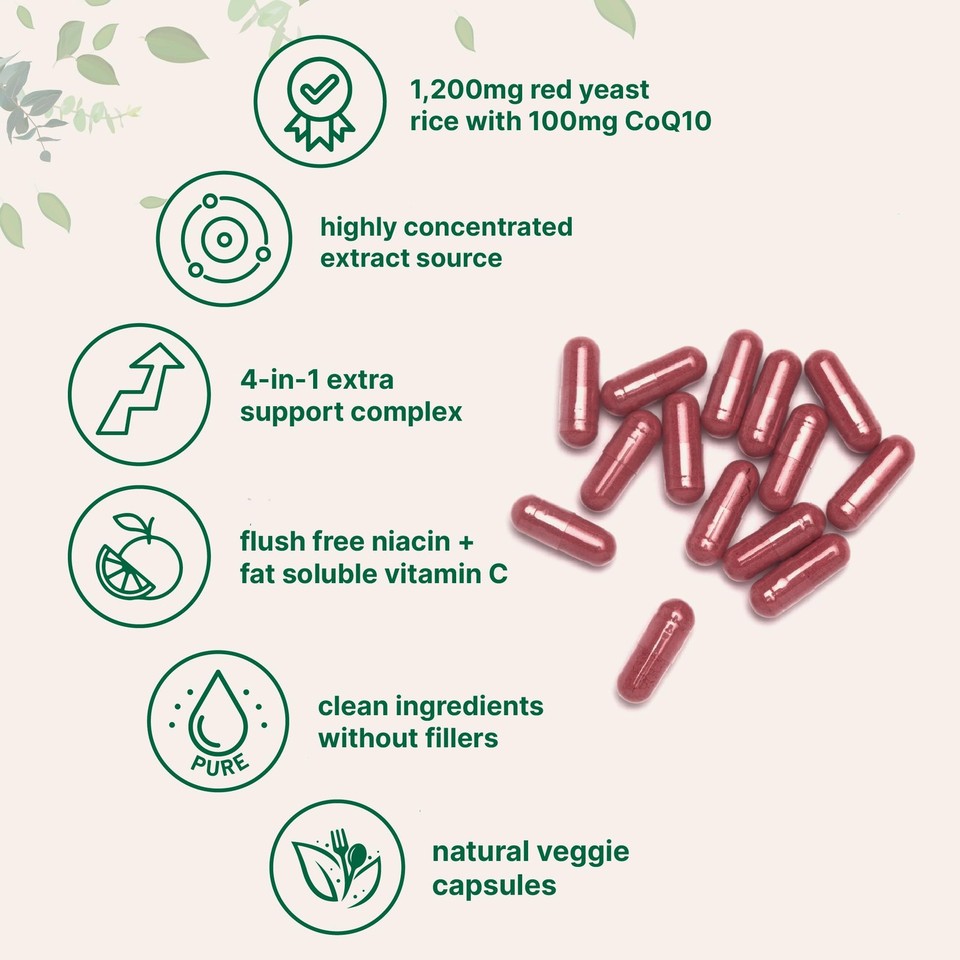 Red Yeast Rice 1200mg with CoQ10 100mg, Niacin for Heart Health, 240 ...
