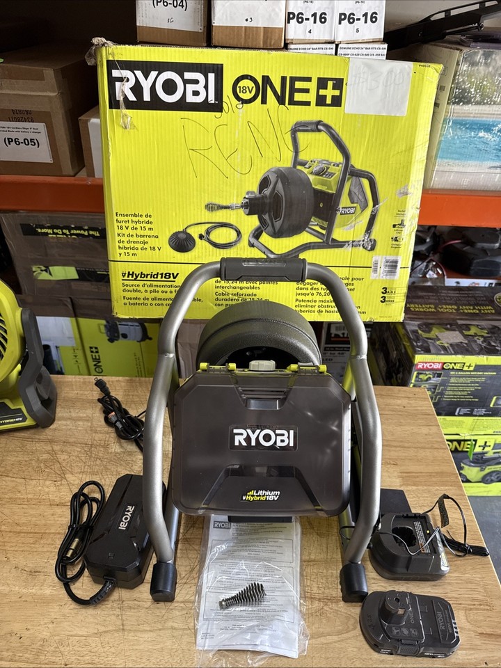 RYOBI 18-Volt Hybrid Drain Auger Kit with 50 ft. Cable, 2 Ah Battery ...