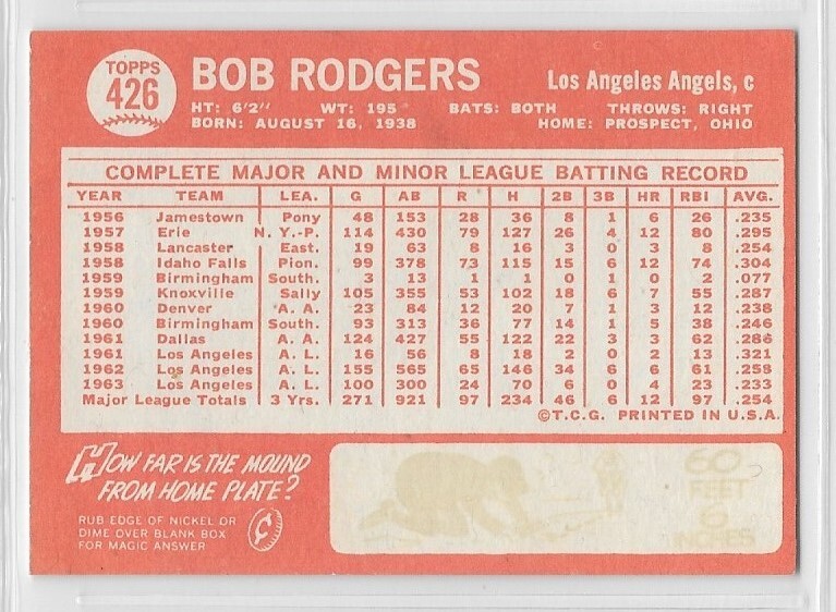 1964 Topps #426 BOB RODGERS Los Angeles Angels EX-EXMINT **free ...