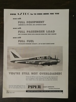 Vintage 1961 Piper Aztec Airplane Piper Aircraft Corp Full Page ...