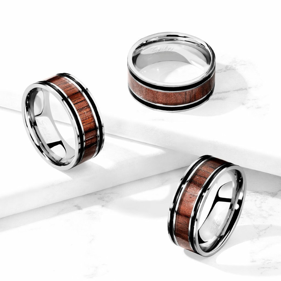 Stainless Steel Koa Wood Black Inlay Ring Hawaiian Koa Wood Band Ring ...