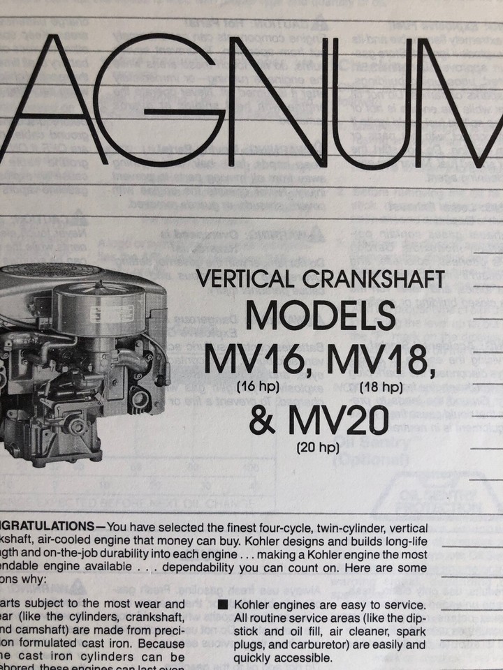 Kohler Engines Owner's Manual - Model MV16, MV18, MV20 *Instruction ...
