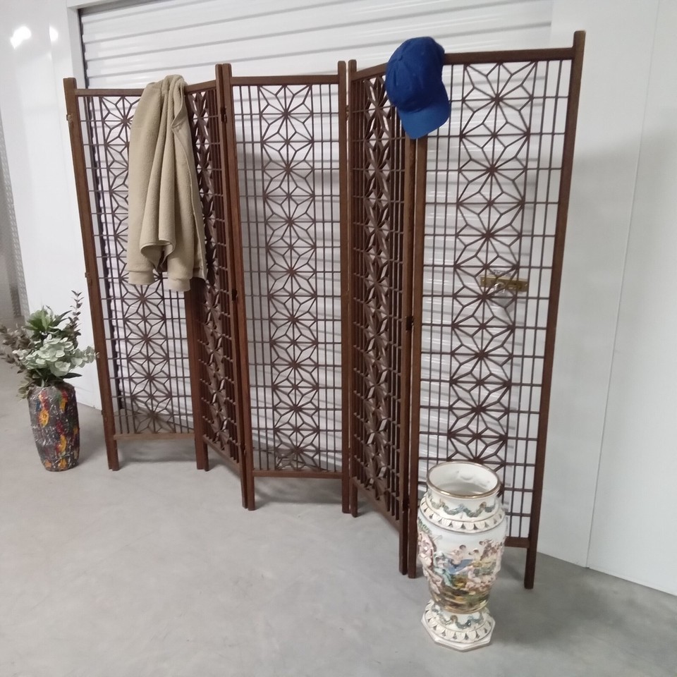 Kumiko Midcentury MCM Teak Folding Screen Room Divider Japanese Art ...