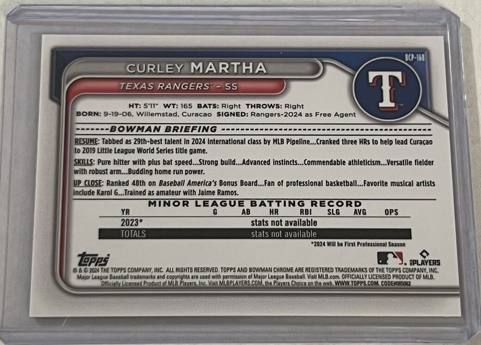 2024 Bowman Chrome Curley Martha Reptilian Black Shimmer Refractor RC 7 ...