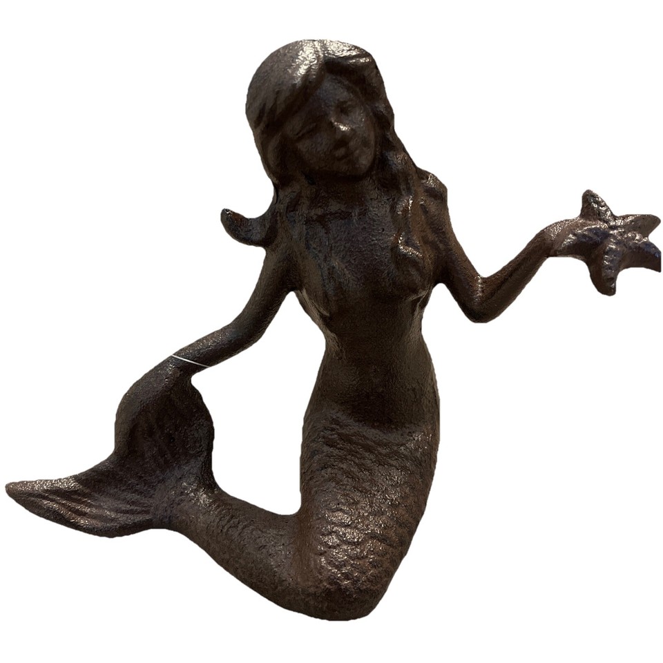 Cast Iron Nautical Siren Mermaid Holding Starfish Statue Rust Finish | eBay