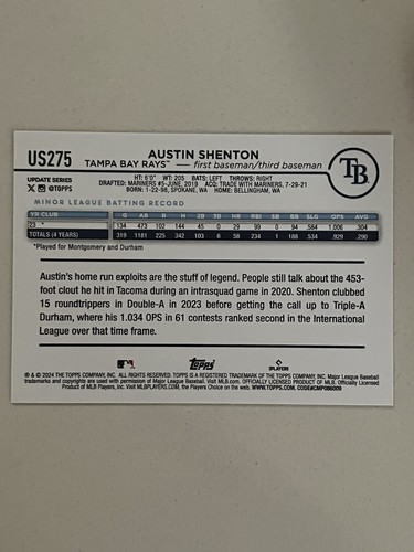 Austin Shenton Tampa Bay Rays 2024 Topps Update "Rookie Card" RC US275 ...