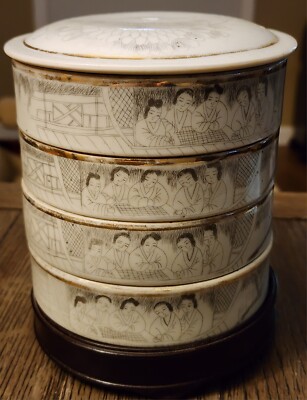 19TH CENTURY CHINESE PORCELAIN 4 STACKING FOOD BOWLS W/LID & EXPORT WAX ...
