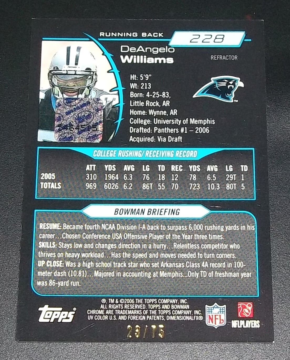 /75 Rc Blue Refractor Deangelo Williams Auto 2006 Chrome Rookie Signed ...