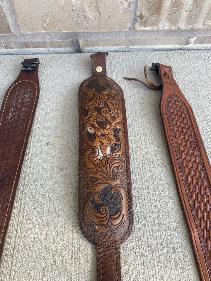 Lot Of 3 Vintage Tooled Whitetail Leather Craft Rifle Shotgun Sling ...