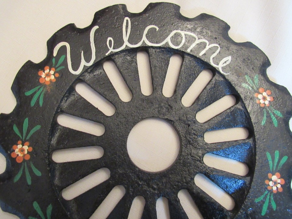 VINTAGE HANDMADE CAST IRON WELCOME SIGN ON MACHINE PART - UNUSUAL ...