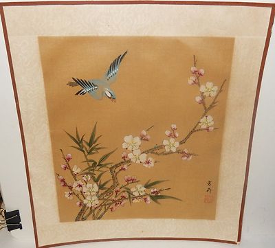 JAPANESE BLUE BIRD PINK BLOSSOM WATERCOLOR ON SILK PAINTING SIGNED | eBay