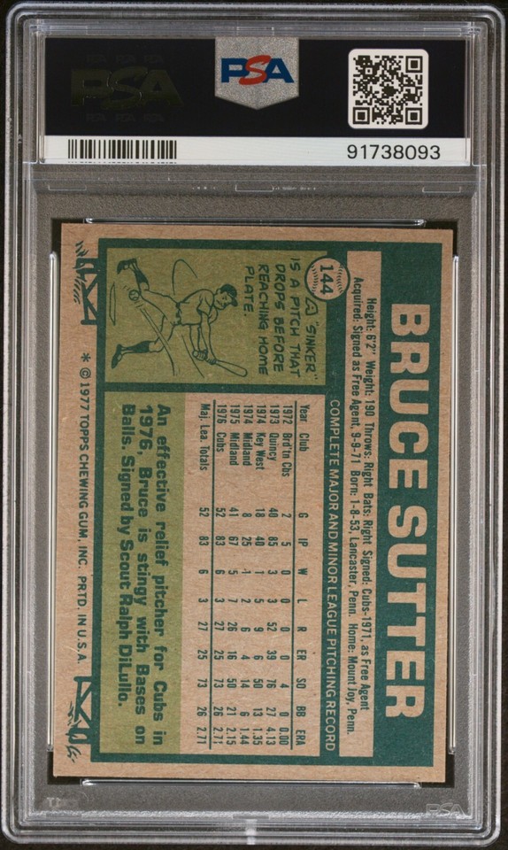 1977 TOPPS, #144, Bruce Sutter, ROOKIE, Autograph w/HOF06, PSA 10 Auto ...