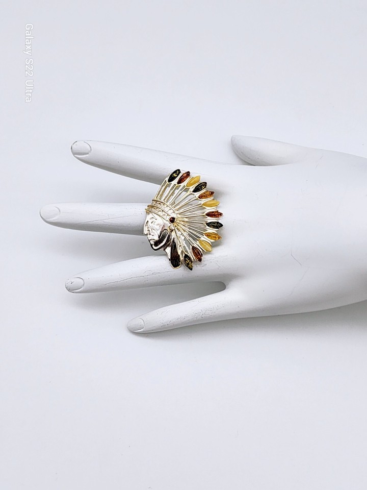 NEW NAT. BALTIC AMBER NATIVE AMERICAN HEAD DRESS STERLING SILVER ...