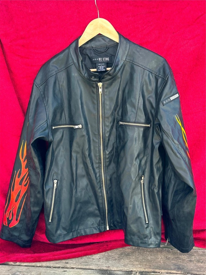 Vintage BC ETHIC Pleather 5 Zipper JACKET ~ Large Rockabilly FLAMES on ...