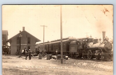 Real Photo Postcard Iowa Hawkeye Chi Mil & St P Railroad Depot Train L ...