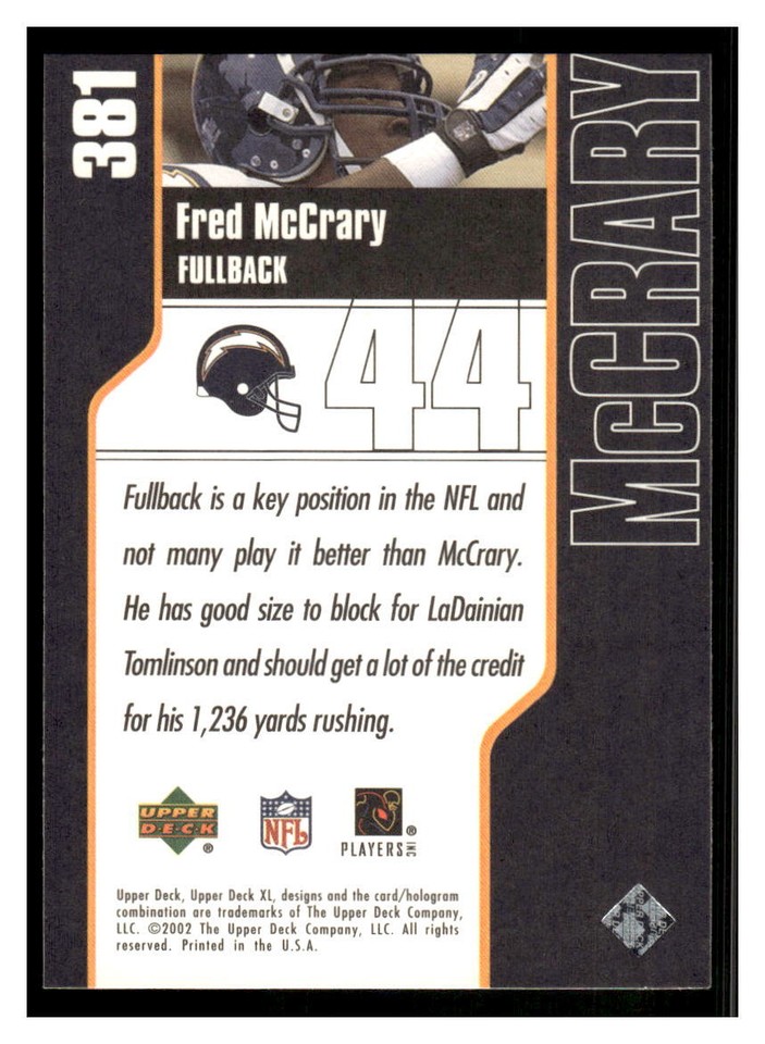 2002 Upper Deck XL #381 Fred McCrary - San Diego Chargers | eBay