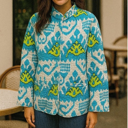Patty Kim Teal Blue White Quilted Jacket XL Unique Buttons Lightweight ...