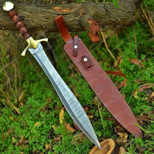 ⚔️ Hand-Forged Damascus Steel Short Sword | Viking-Style Seax | Leather ...
