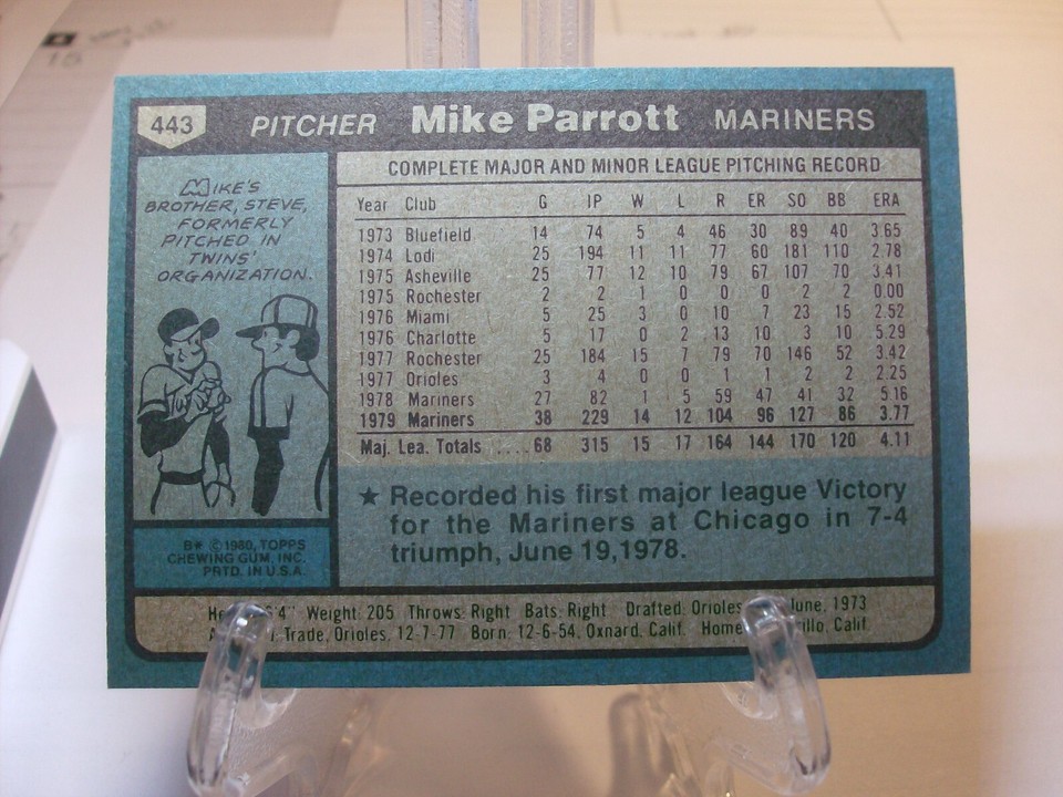 1980 Topps Baseball Card #443 - Mike Parrott - Seattle Mariners (95314 ...