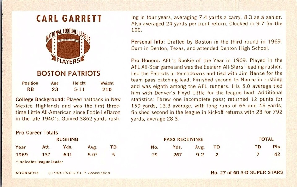1970 Kellogg's 3-D Super Stars - #27 Carl Garrett (RC) Boston Patriots ...