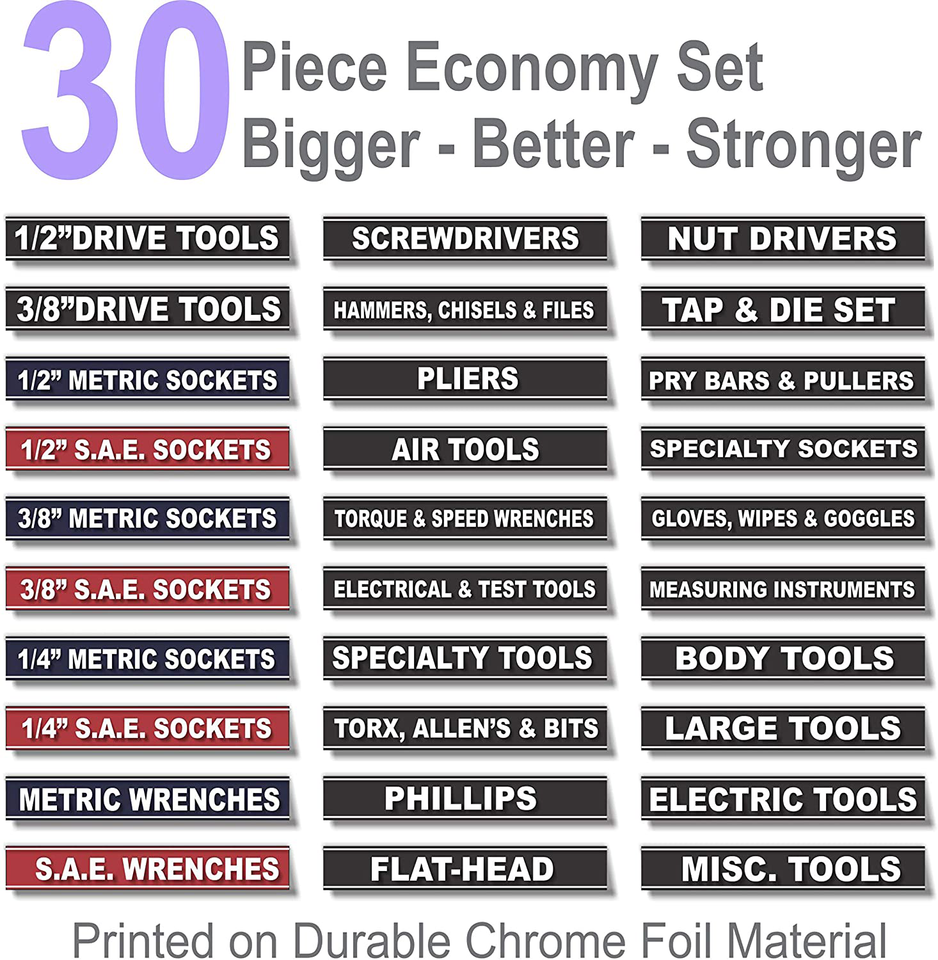 30 Magnetic Labels For Tool Box Chest Drawer Mechanic Organizer Coated ...