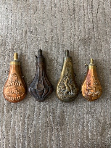 Four (4) Civil War Period Hunting Themed Powder Flasks for Parts or ...