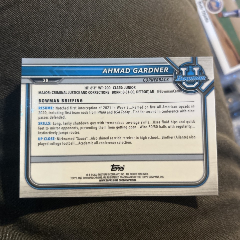 2022 Bowman University Ahmad "Sauce" Gardner Rookie 1st PINK RC 38 NEW ...