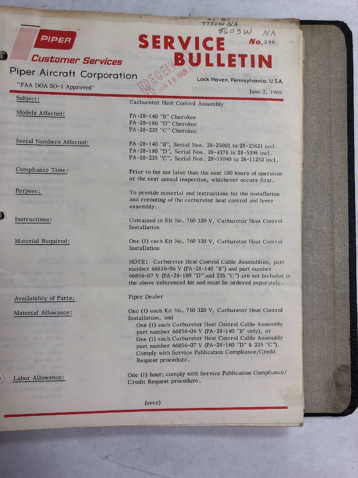 Piper Aircraft Corp. Service Bulletins & Service Letters- Originals ...
