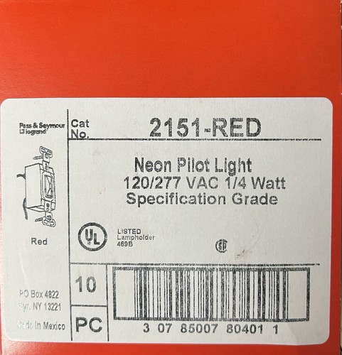 Pass & Seymour (Box Of 10) 2151-RED Neon Pilot Lights, 120/277VAC, 1/4 ...
