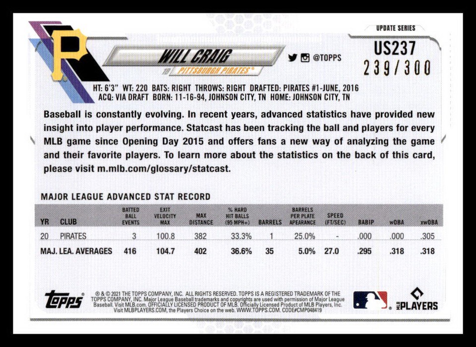 2021 Topps Will Craig Rookie Advanced Stats Back #'d /300 US237 Pirates ...