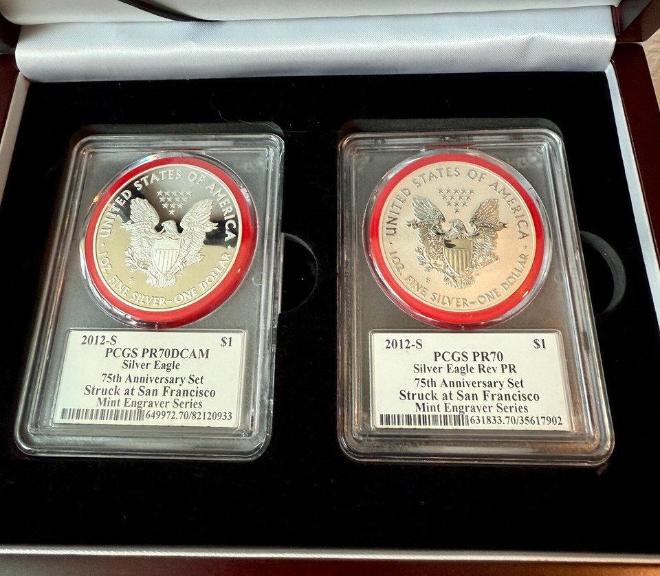 2012 S SILVER EAGLE REV PF PR70 & PR70 MERCANTI MINT ENGRAVER SERIES 2 ...